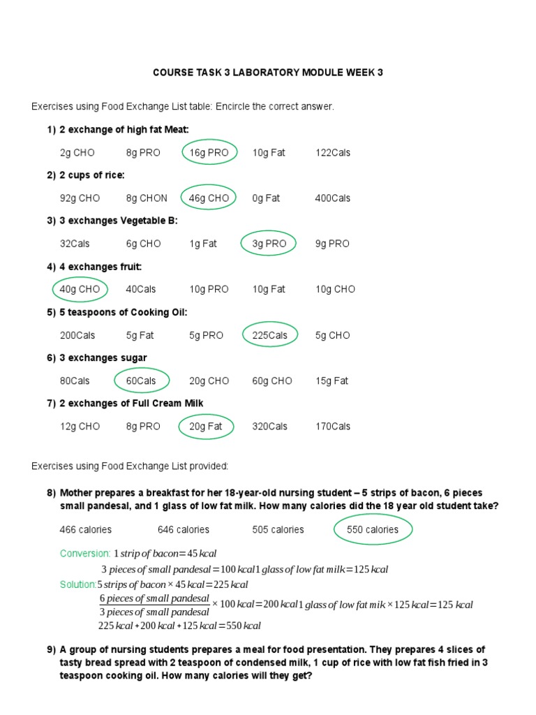 Lab Module Week 3 (Food Exchange List) | PDF | Tablespoon | Calorie Lab Module Week 3 (Food Exchange List) | PDF | Tablespoon | Calorie
