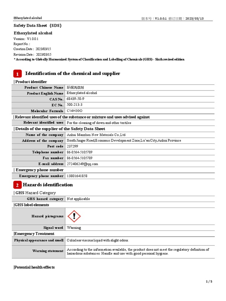MSDS-Ethoxylated Alcohol en(1) | PDF | Toxicity | Dangerous Goods