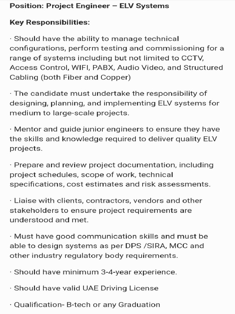 ELV ENGINEER Job Description | PDF