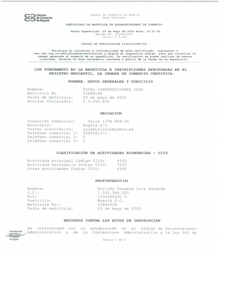 Camara de Comercio Total Construcciones Jesz | PDF