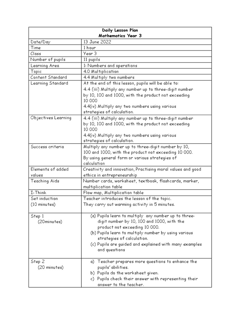 Daily Lesson Plan Mathematics Year 3 | PDF | Multiplication | Teachers