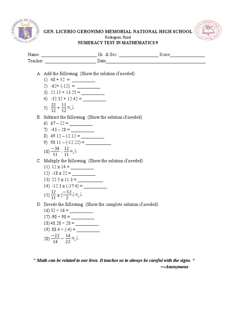 Numeracy - Test - G9 | PDF