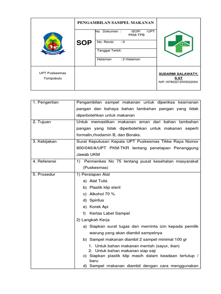 Sop Pengambilan Sampel Makanan | PDF