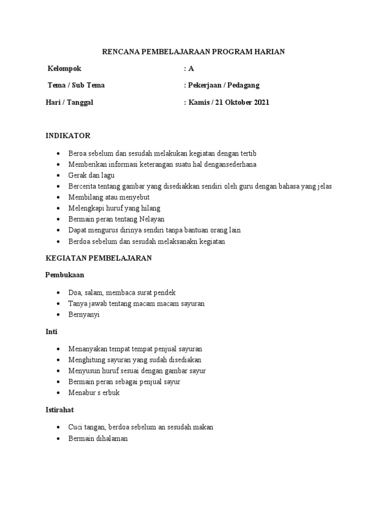 RENCANA PEMBELAJARAAN PROGRAM HARIAN | PDF
