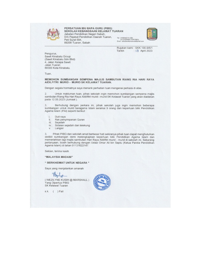 Surat Memohon Sumbangan SK Kelawat Tuaran | PDF