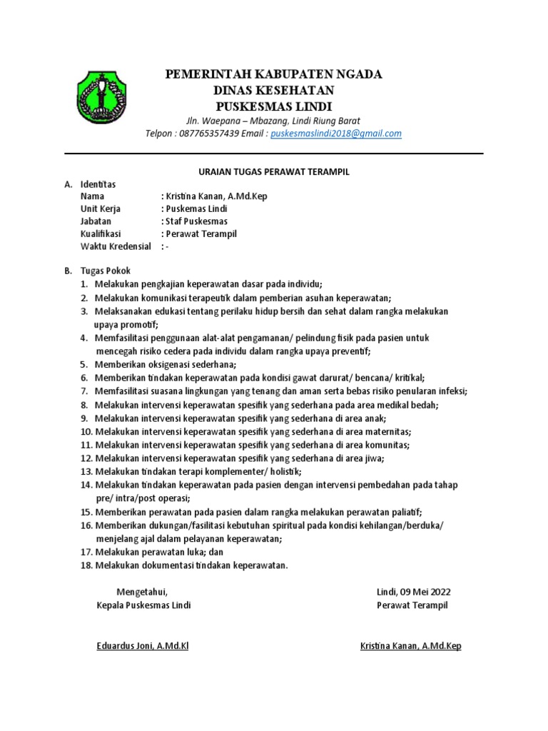 Uraian Tugas Perawat Terampil CPNS 22 | PDF