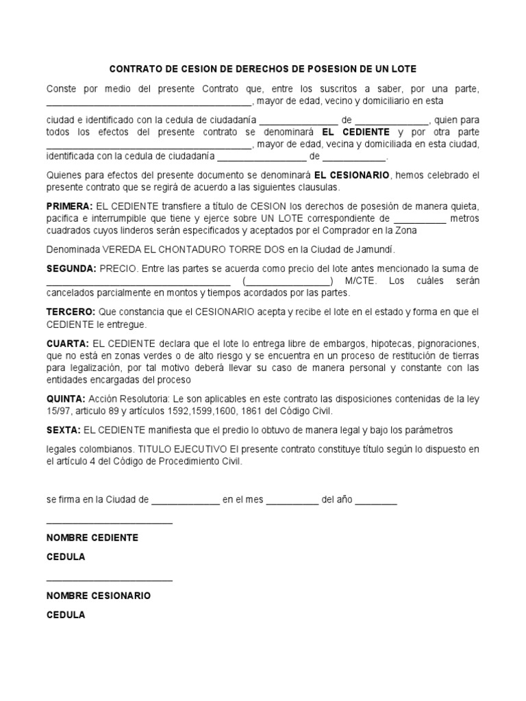 Contrato de Cesion de Derechos de Posesion de Un Lote | PDF