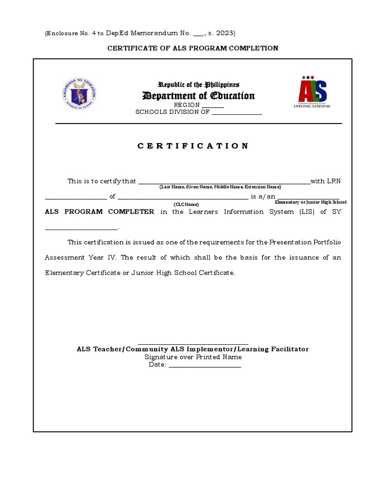 ALS Program Completion Certificate | PDF