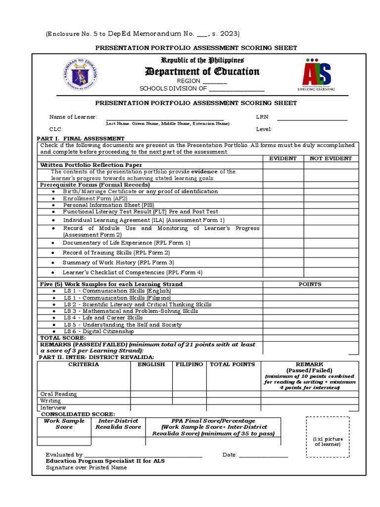Enclosure No 05 PRESENTATION PORTFOLIO ASSESSMENT SCORING SHEET | PDF ...