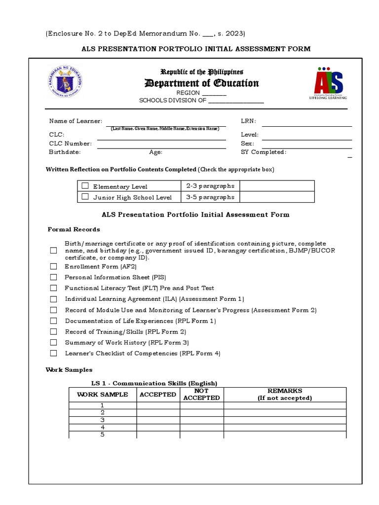 Enclosure No 02 ALS PRESENTATION PORTFOLIO INITIAL ASSESSMENT FORM ...
