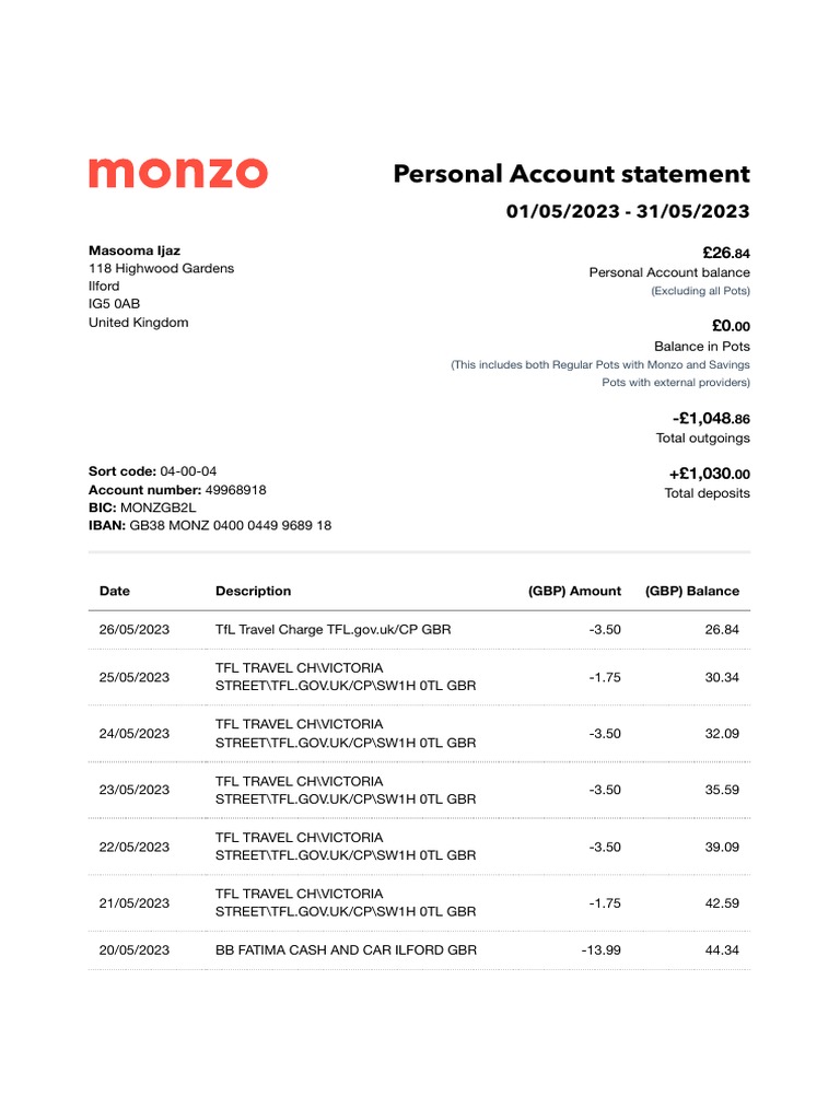 Monzo Bank Statement 2023 05 01-2023 05 31 9229 | PDF | Business ...