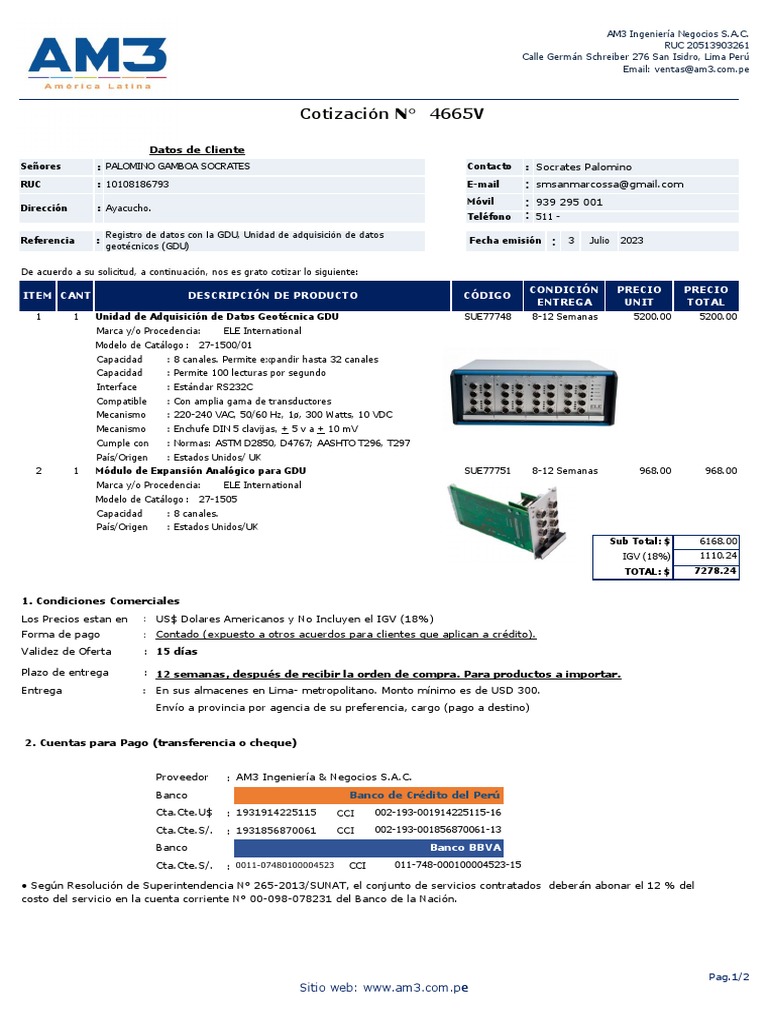 Cotización Equipos Geotécnicos AM3 | PDF | Bancos | Servicios financieros