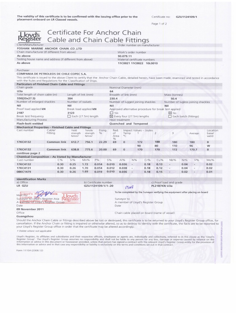 Certificate For Anchor Chain Cable and Chain Cable Fittings 2011 | PDF