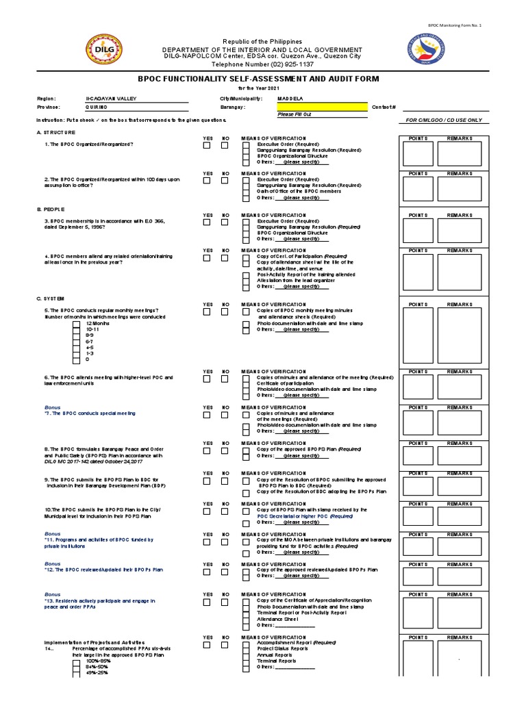 BPOC Functionality Assessment Form For Year 2021 | PDF | Government