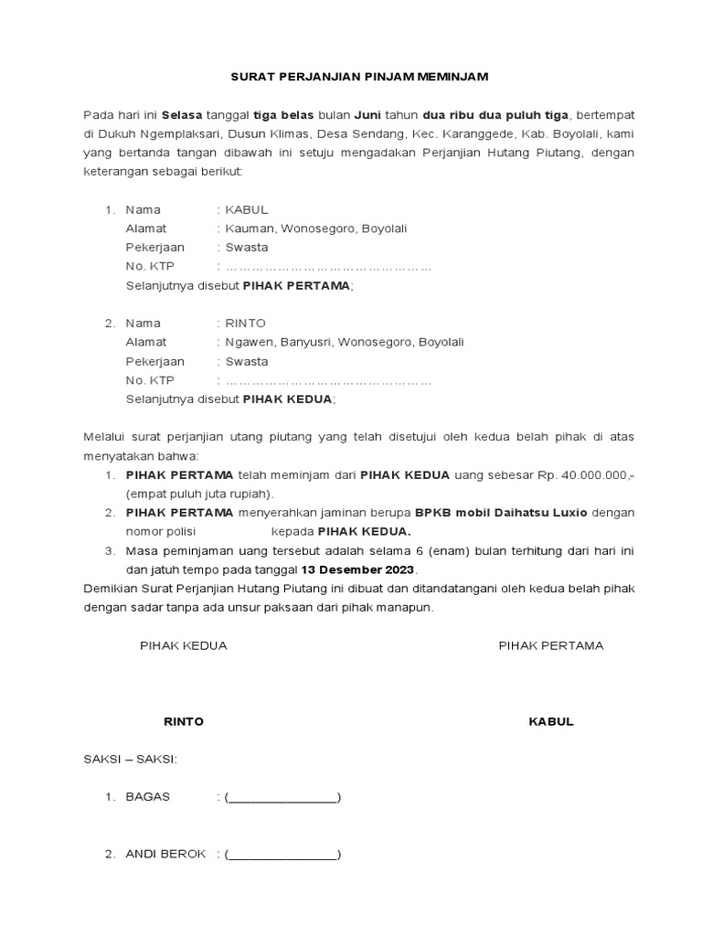 Surat Perjanjian Pinjam Meminjam | PDF
