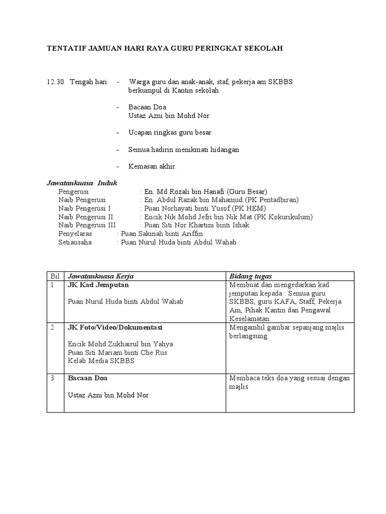 Tentatif Jamuan Hari Raya Guru Peringkat Sekolah 2023 | PDF