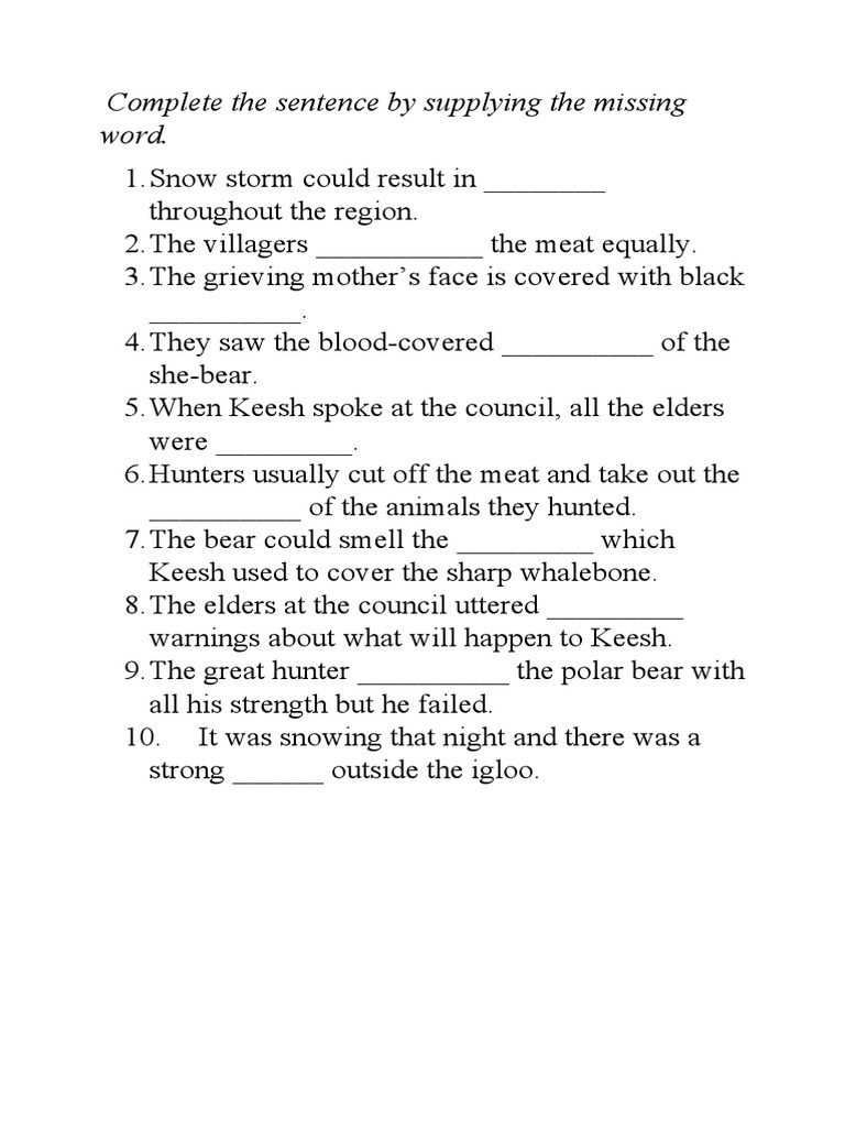 Complete The Sentence by Supplying The Missing Word | PDF