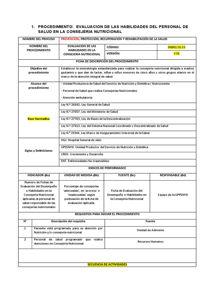 Procedimiento Evaluacion Consejeria Nutricional en Consultorios Externos y Programas | PDF ...