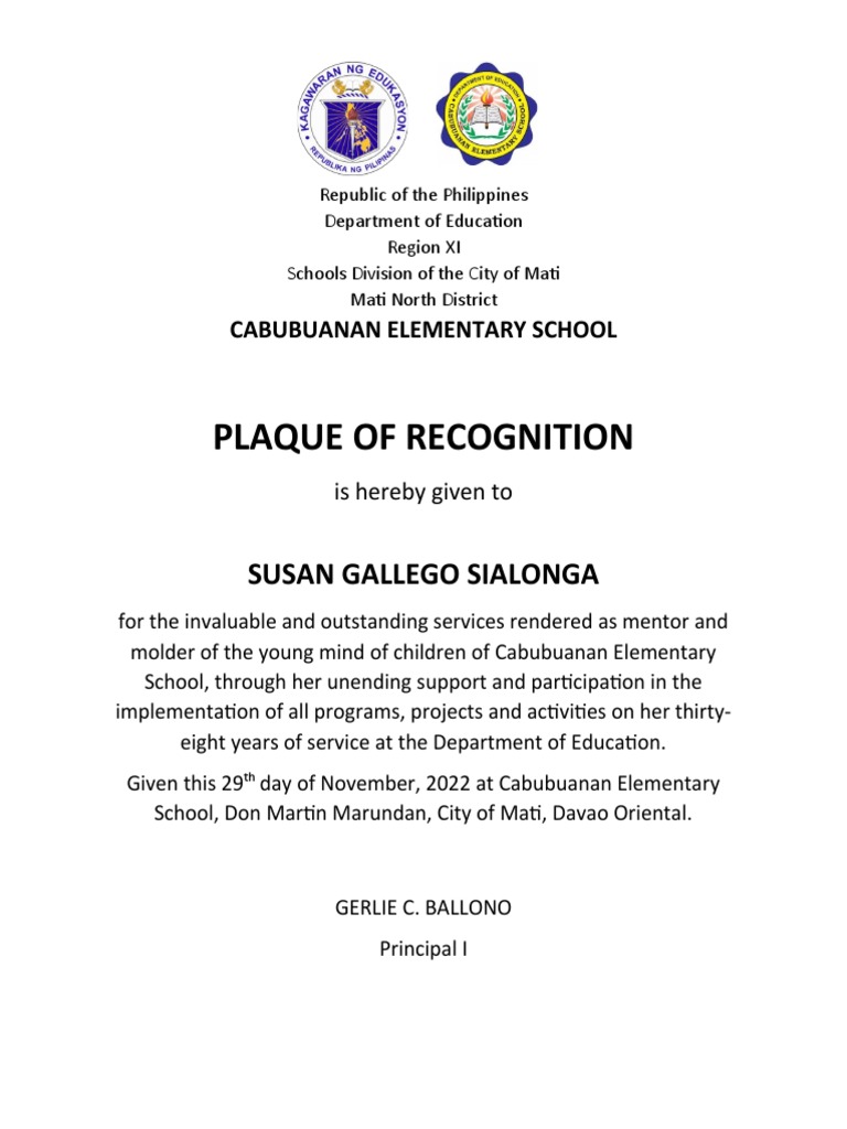 Plaque of Recognition for Susan Sialonga | PDF
