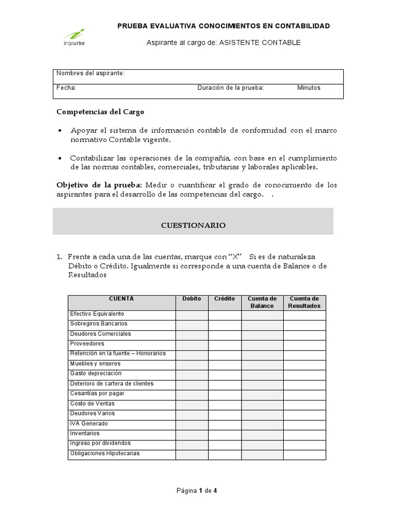 Prueba de Conocimiento Asistente Contable | PDF | Contabilidad | normas internacionales de ...