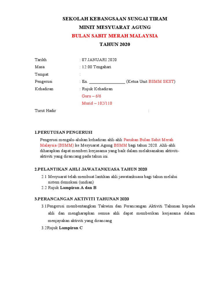 Contoh Minit Mesyuarat Agung Unit Kokurikulum | PDF