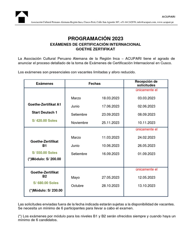 Exámenes Goethe 2023 en Cusco | PDF