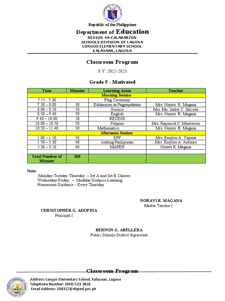 Classroom Program Grade 5 Individual 2022 2023 | PDF | Teachers | Cognition