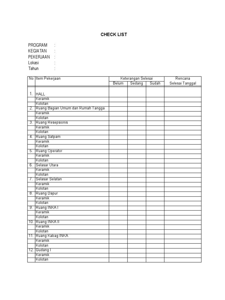 Form Checklist Pekerjaan Ista | PDF