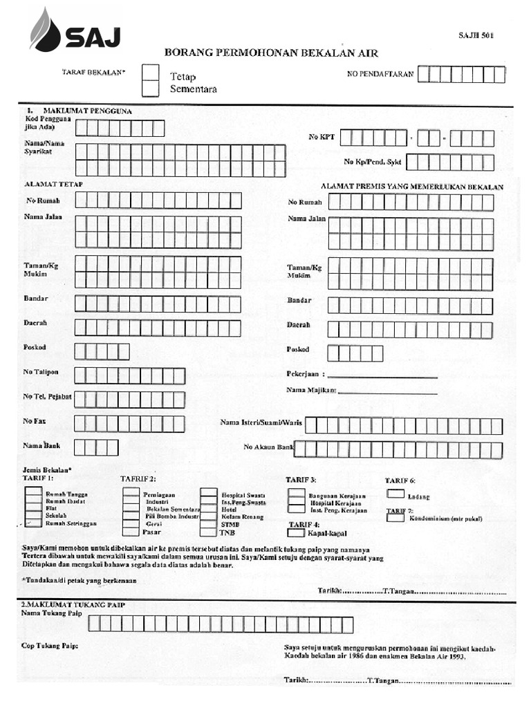 SAJ - Borang Permohonan Air | PDF