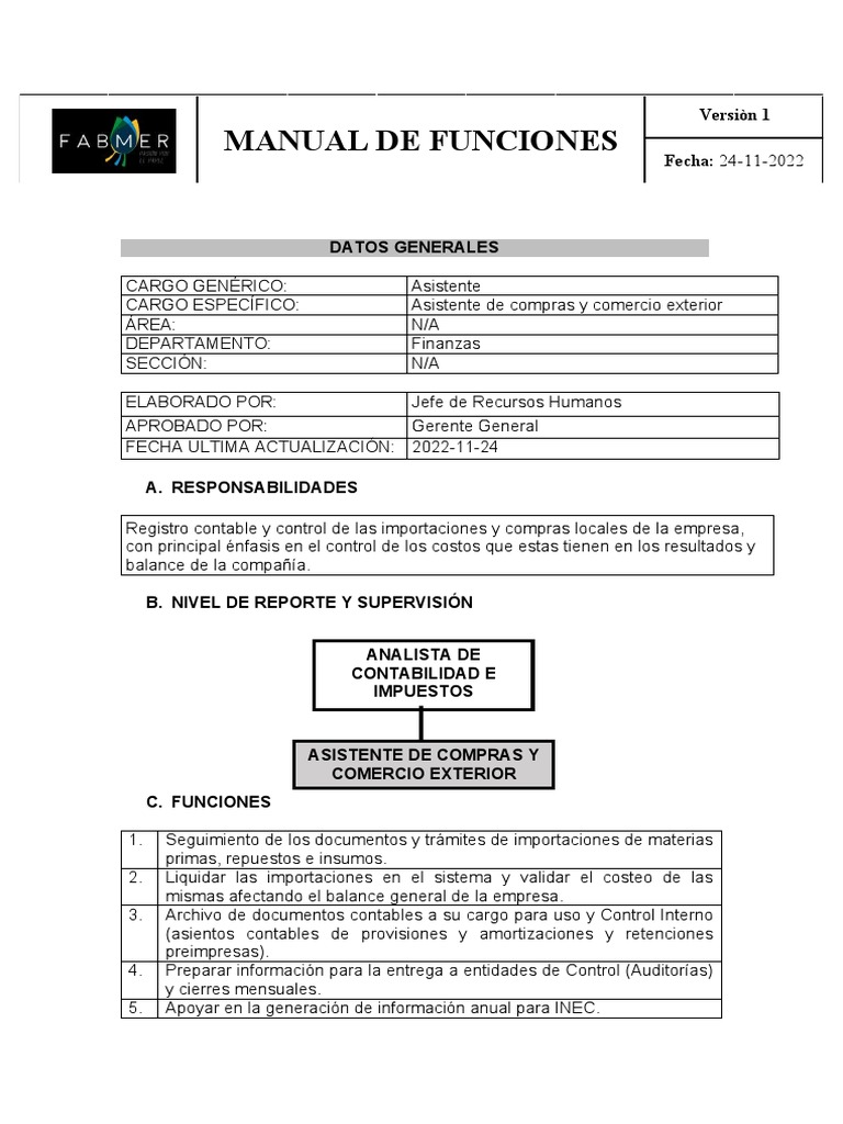Manual de Funciones - Asistente de Compras y Comercio Exterior | PDF | Contabilidad | Educación ...