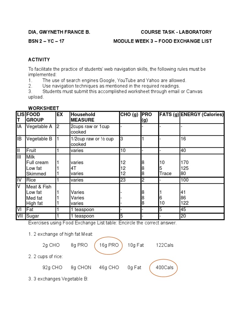 Dia, Gwyneth France B. - Bsn2yc17 - Food Exchange List | PDF | Fat ...