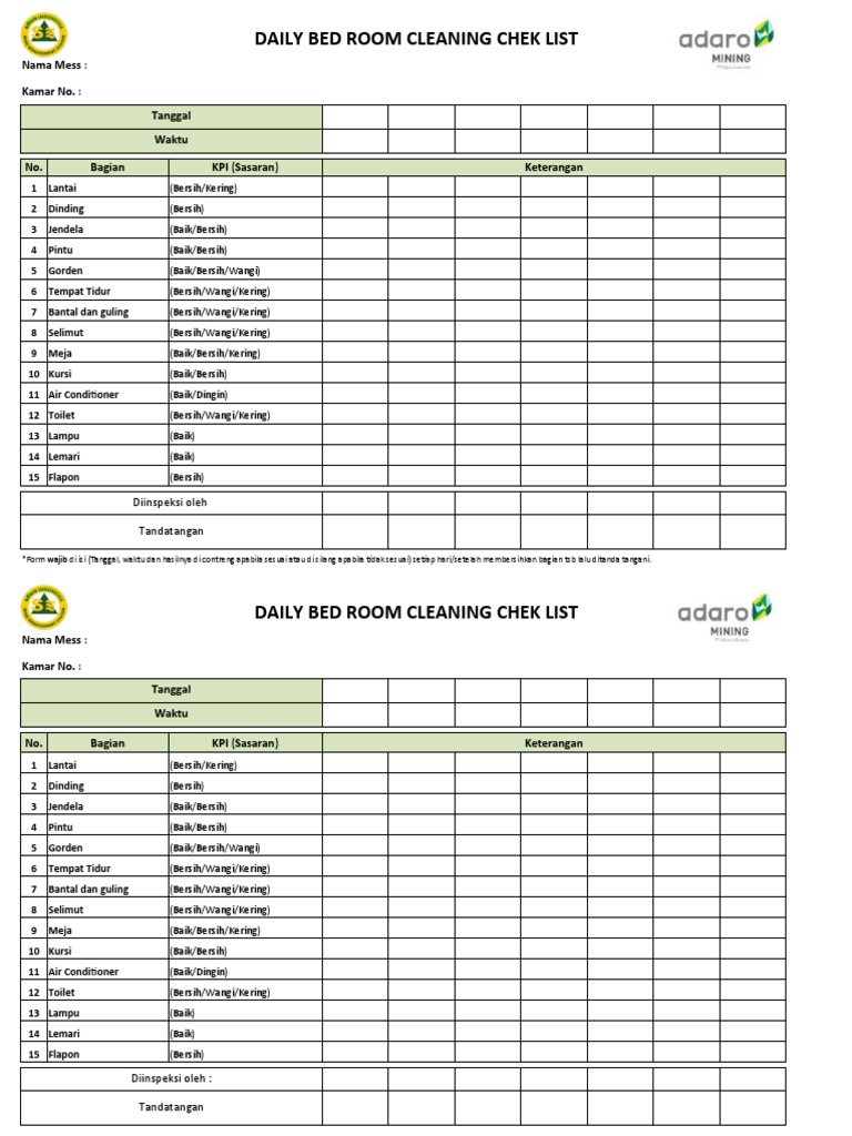 Daily Chek List Room Mess 2018 | PDF