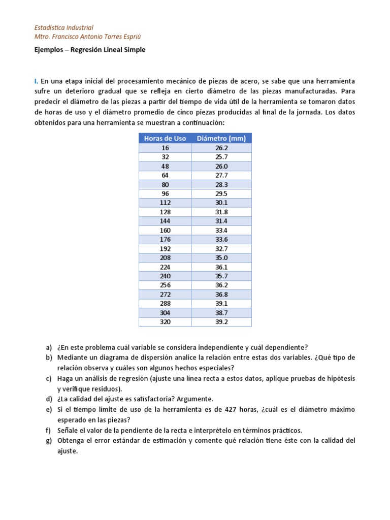 Ejemplos - Regresión Lineal Simple | PDF | Análisis de regresión ...