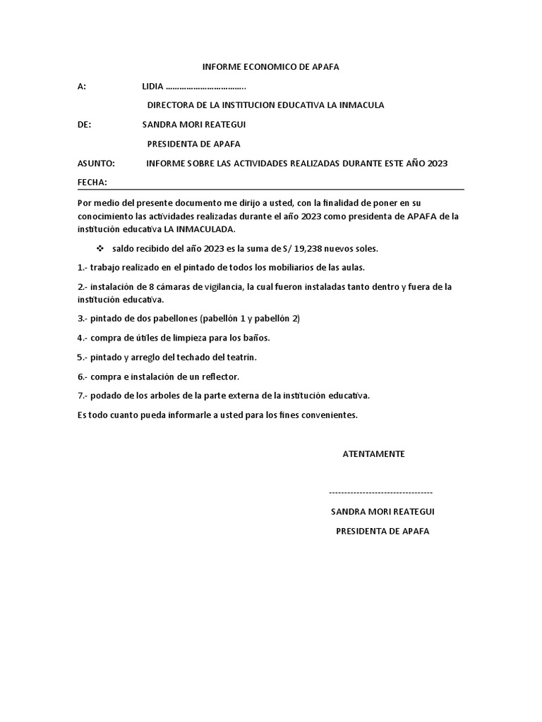 Informe Económico APAFA 2023 | PDF