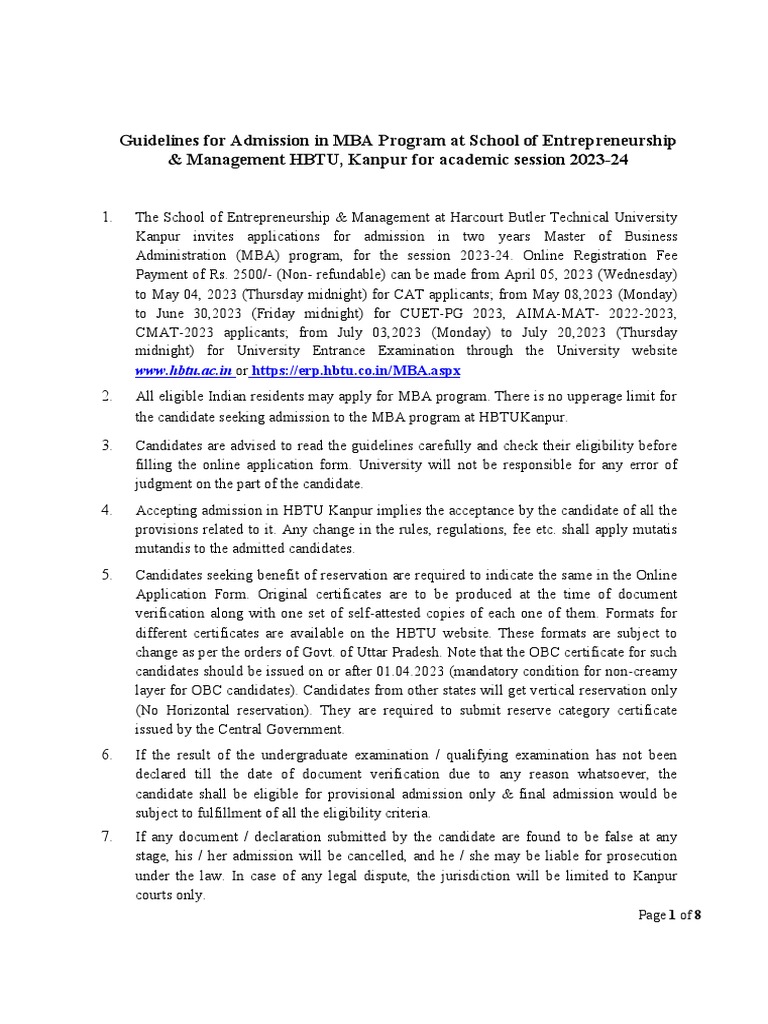 Guidelines For MBA Admission Session 2023-24 | PDF | University And ...