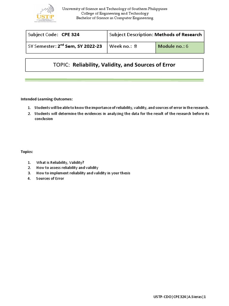 CPE324. Module 6 Sy 2022.23 | PDF | Observational Error | Validity (Statistics)