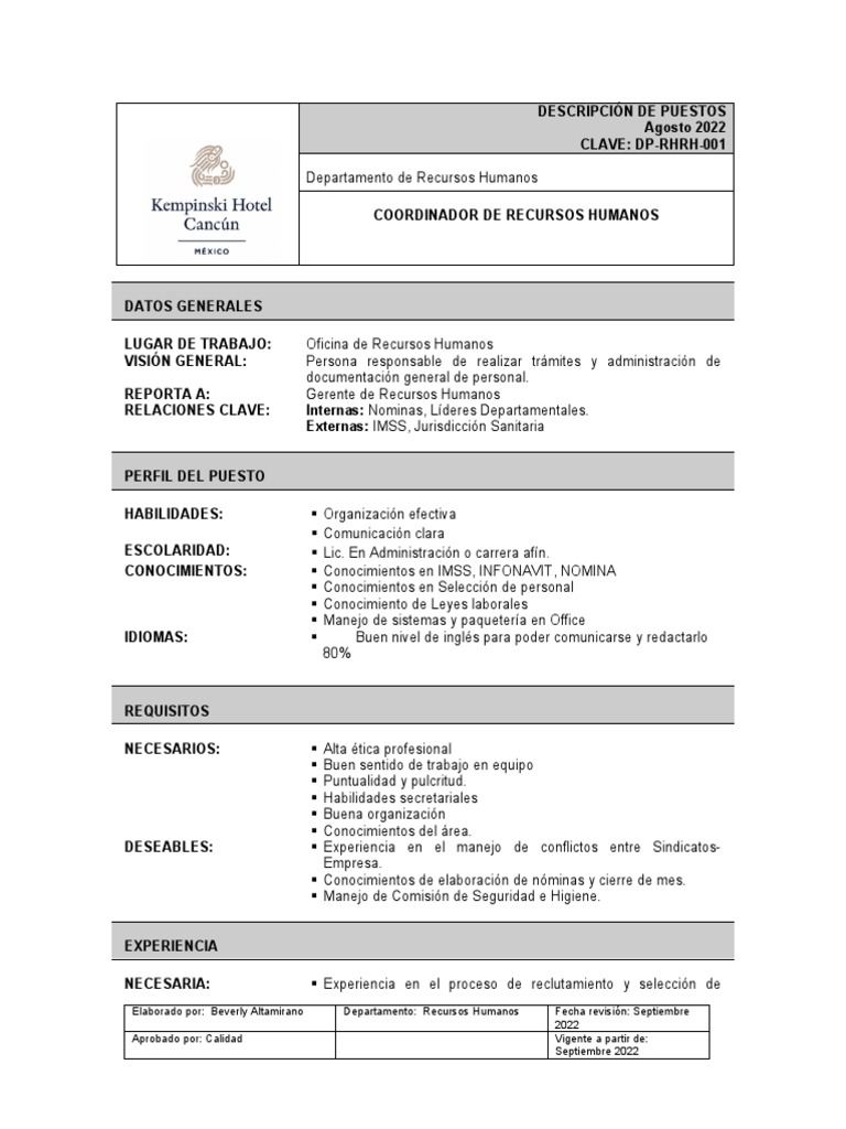 DP-RHRH-001 Descripción de Puestos de Coordinador de RRHH | PDF ...