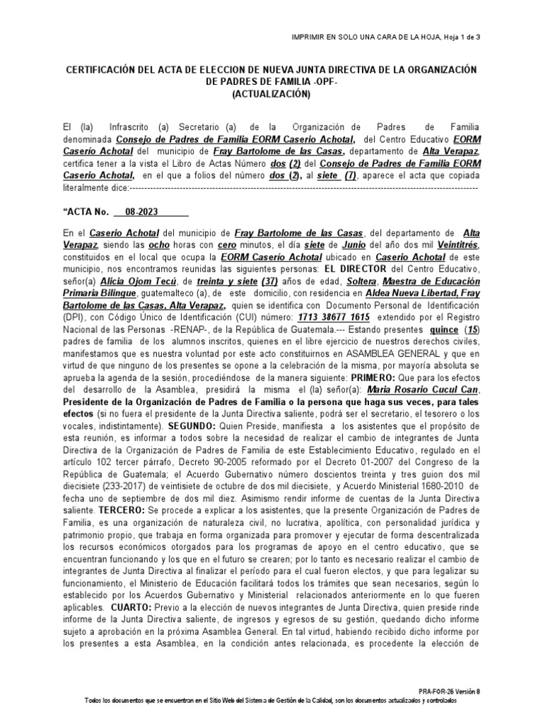 1ACTA de Eleccion EORM Caserio Achotal | PDF | Junta Directiva | Guatemala