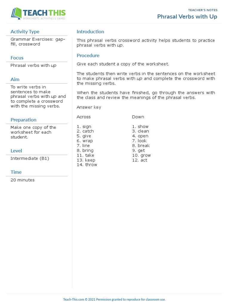 Phrasal Verbs With Up | PDF | Crossword | Syntax