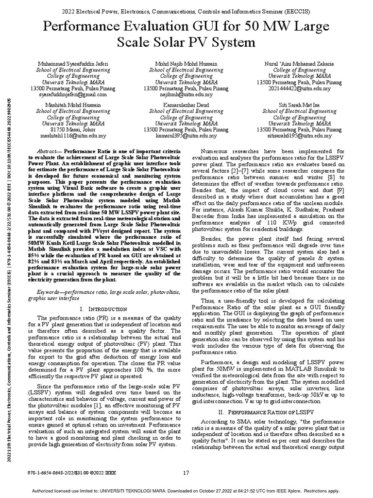 Performance Evaluation GUI For 50 MW Large Scale Solar PV System | PDF ...