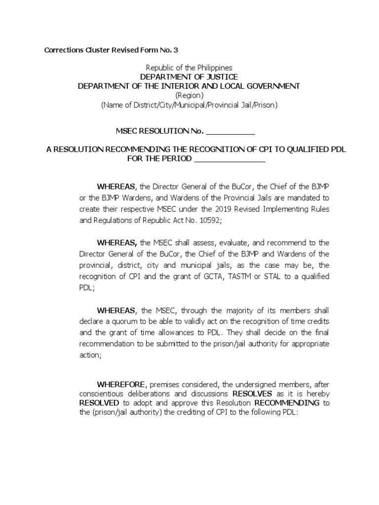 Corrections Cluster Revised Form No. 3 | PDF | Prison | Detention ...