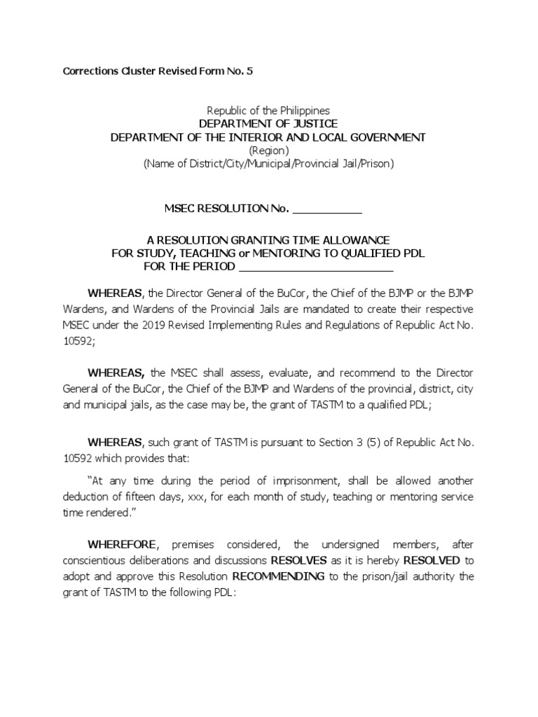 Corrections Cluster Revised Form No. 5 | PDF | Prison | Criminal Justice