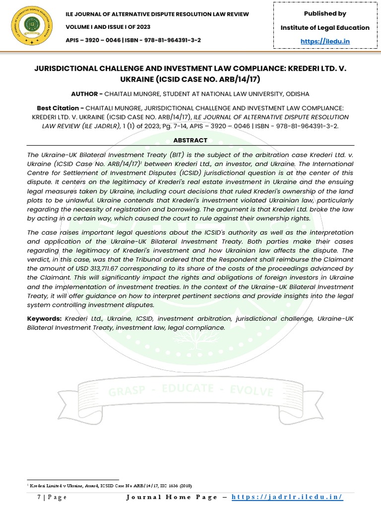 Jurisdictional Challenge and Investment Law Compliance: Krederi Ltd. v ...