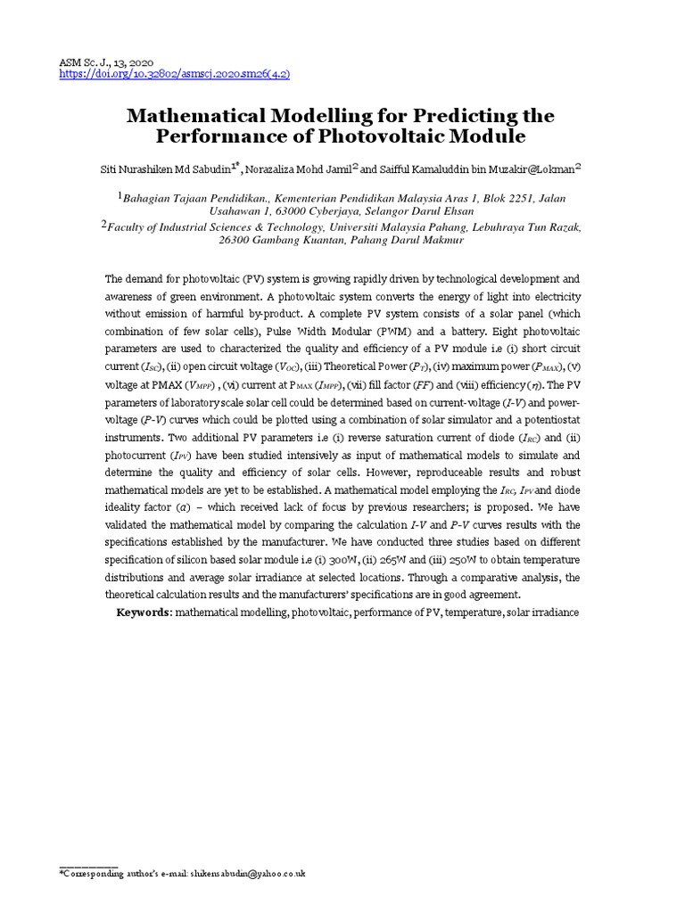 Mathematical Modelling For Predicting The Performance of Photovoltaic Module | PDF ...