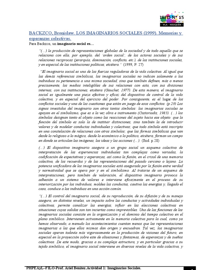BACKZCO 1999. IMAGINARIOS SOCIALES. Extractos y Actividad | PDF | Comportamiento | Memoria