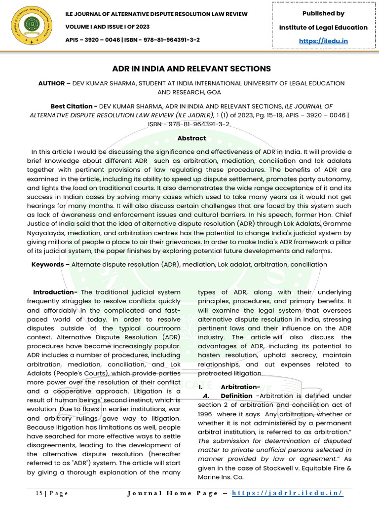 Adr in India and Relevant Sections | PDF | Alternative Dispute ...