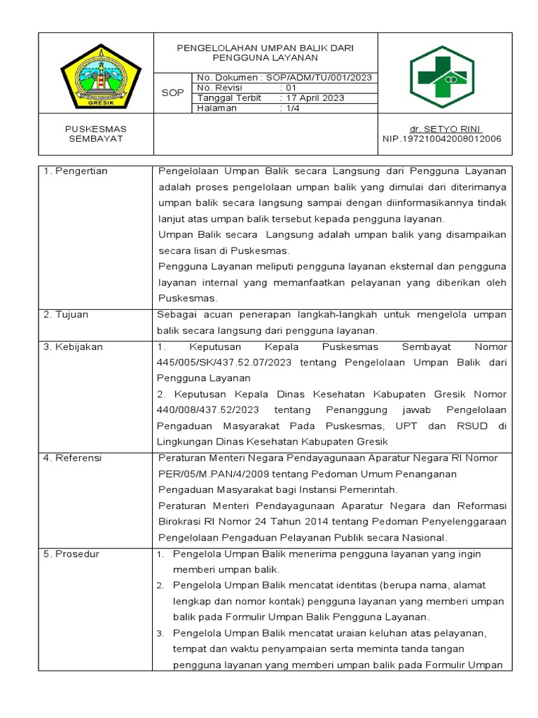1.1.2.3.4.1 SOP Pengelolahan Umpan Balik EDIT | PDF