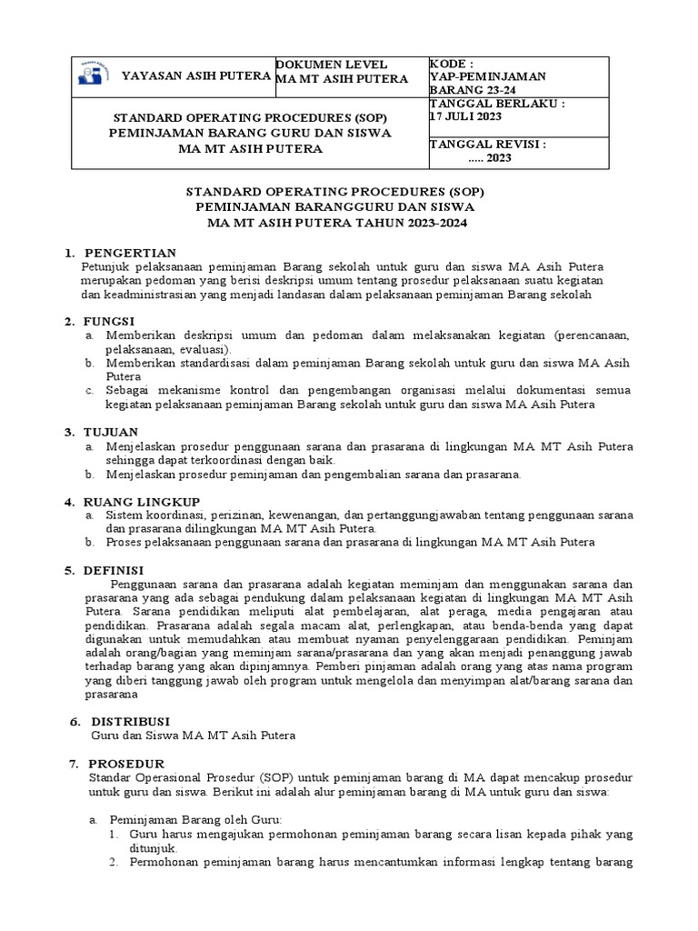SOP Peminjaman Barang MA Asih Putera | PDF