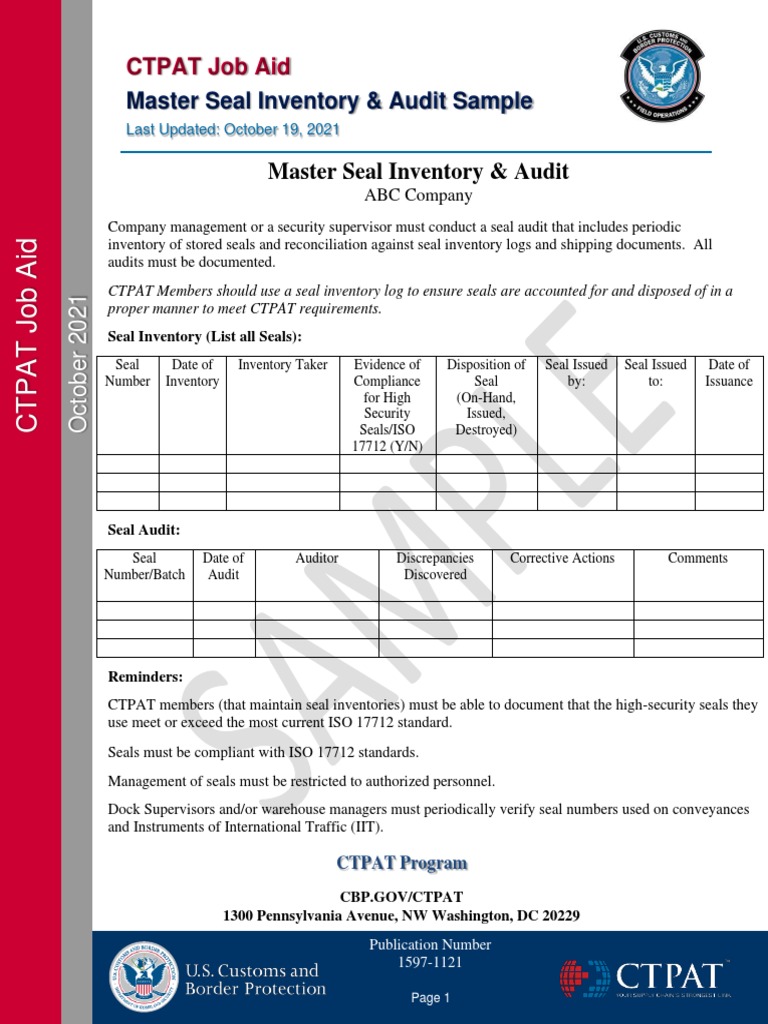 CTPAT Job Aid - Master Seal Inventory Audit Sample - October 2021 (508 ...