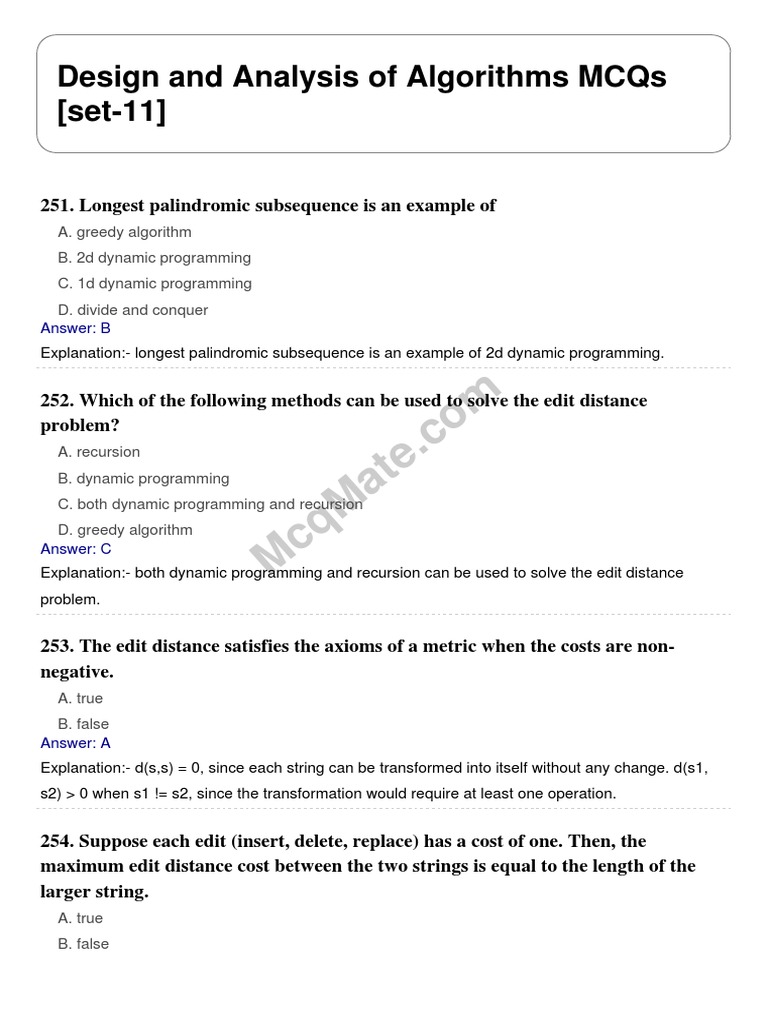 Design and Analysis of Algorithms Solved MCQs (Set-11) | PDF | Dynamic Programming | String ...